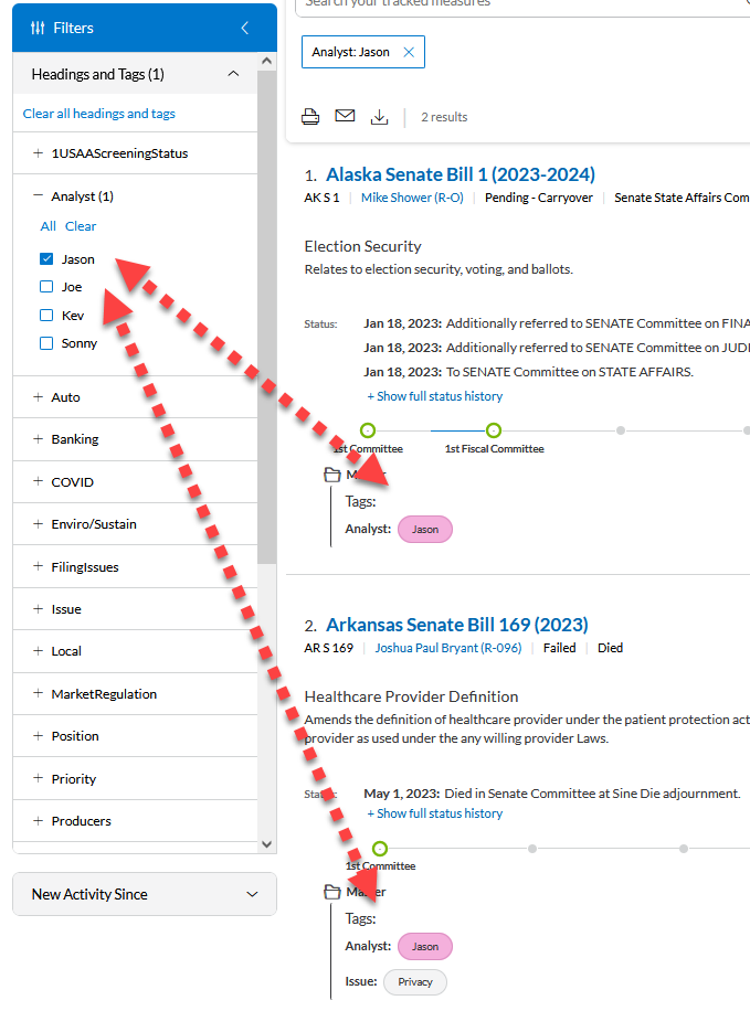 Tracking Console: Filtering by tags across headings – State Net