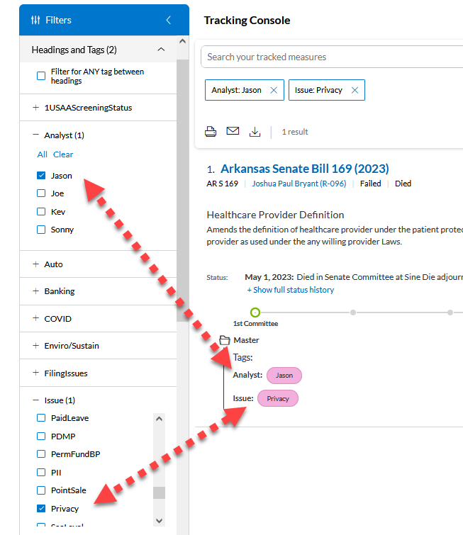 Tracking Console: Filtering by tags across headings – State Net